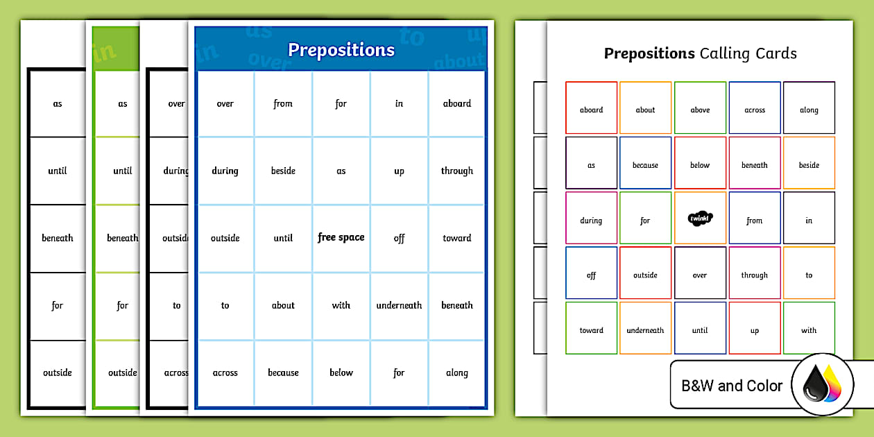 Prepositions Bingo for 3rd-5th Grade - Twinkl
