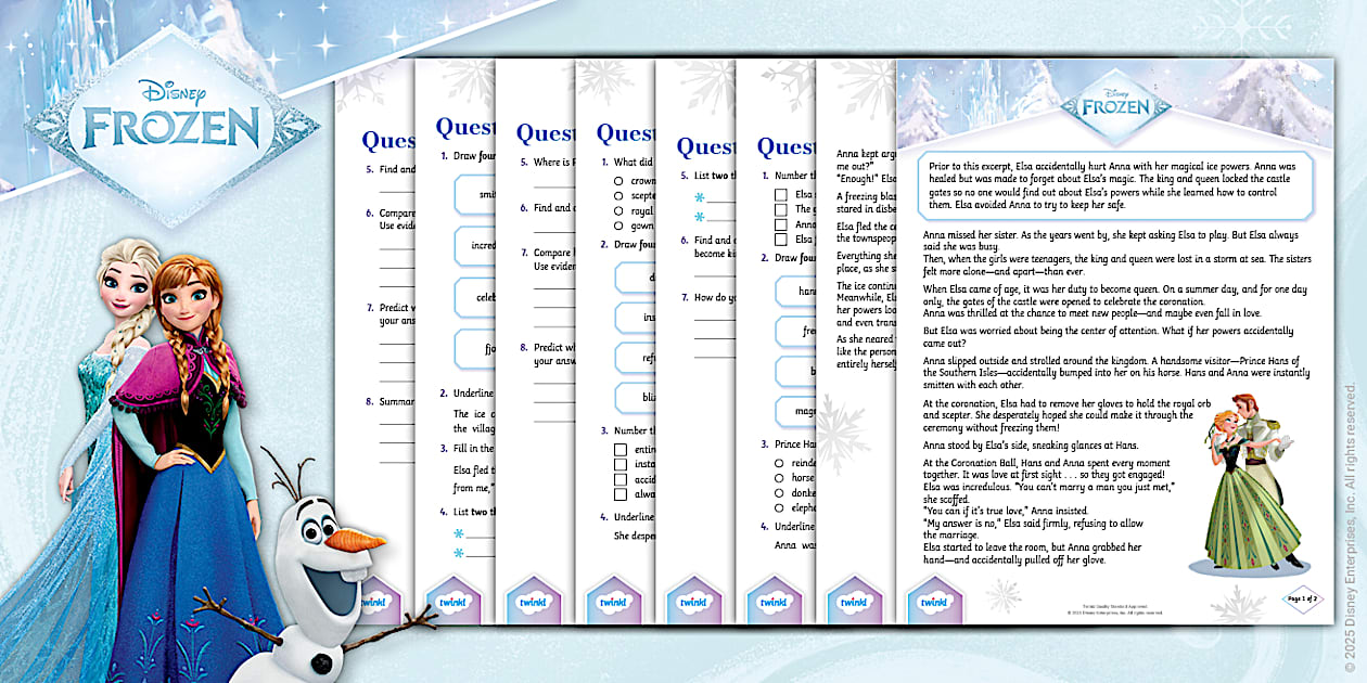 Frozen: Fifth Grade Reading Comprehension Worksheet - Twinkl