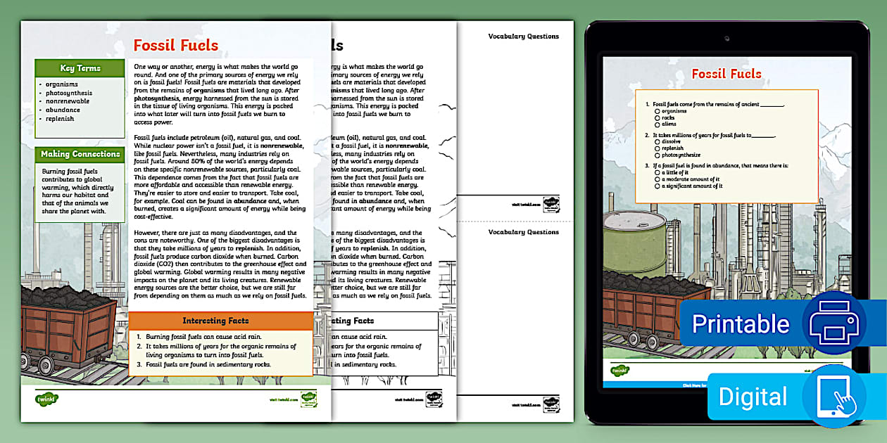 Fifth Grade Fossil Fuels Fact File and Vocabulary Questions