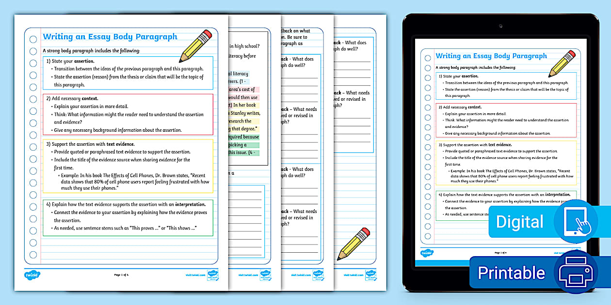 Sixth Grade Writing an Essay Body Paragraph Worksheet