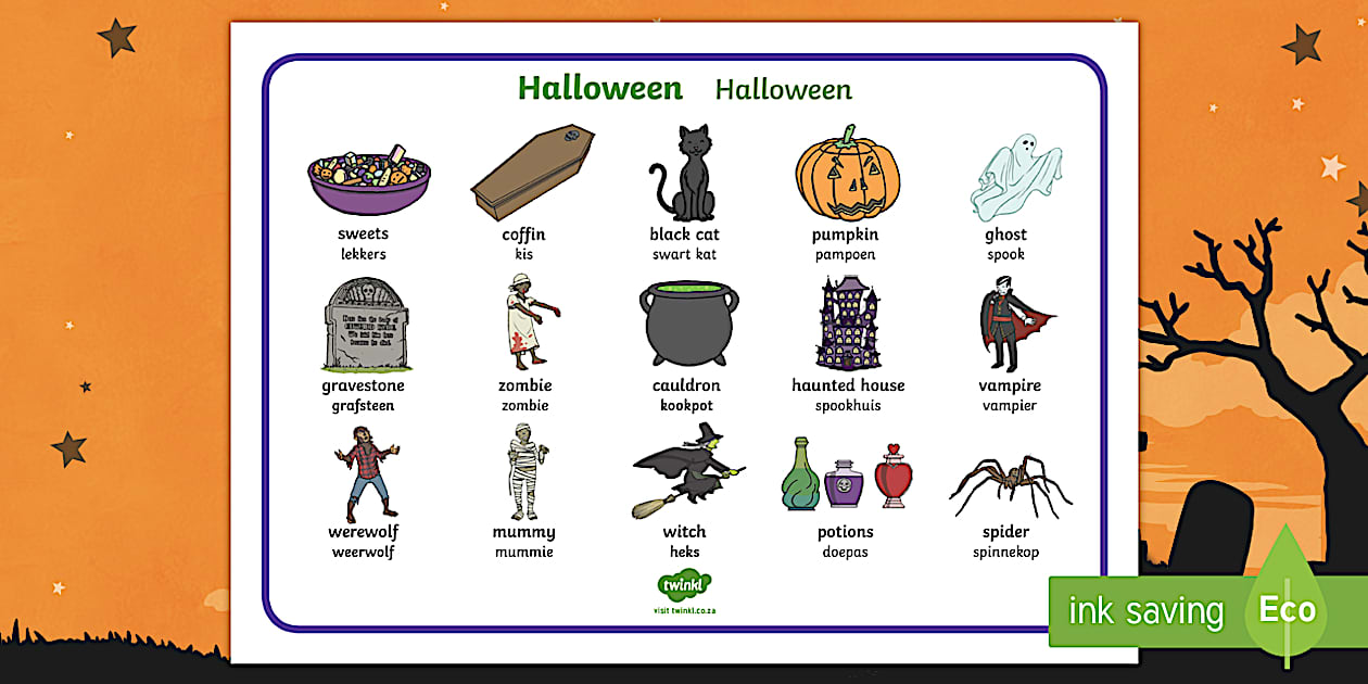 Halloween Word Mat English/Afrikaans (teacher made) - Twinkl