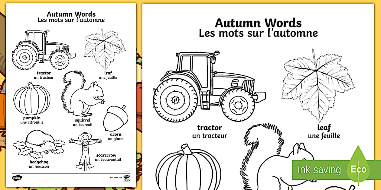 Autumn Themed Words Colouring Page English/French - Twinkl
