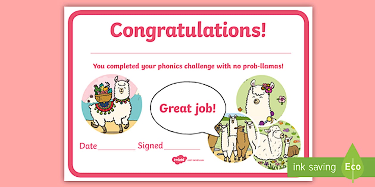 Editable Phonics Screening Check Llama Reward Certificate