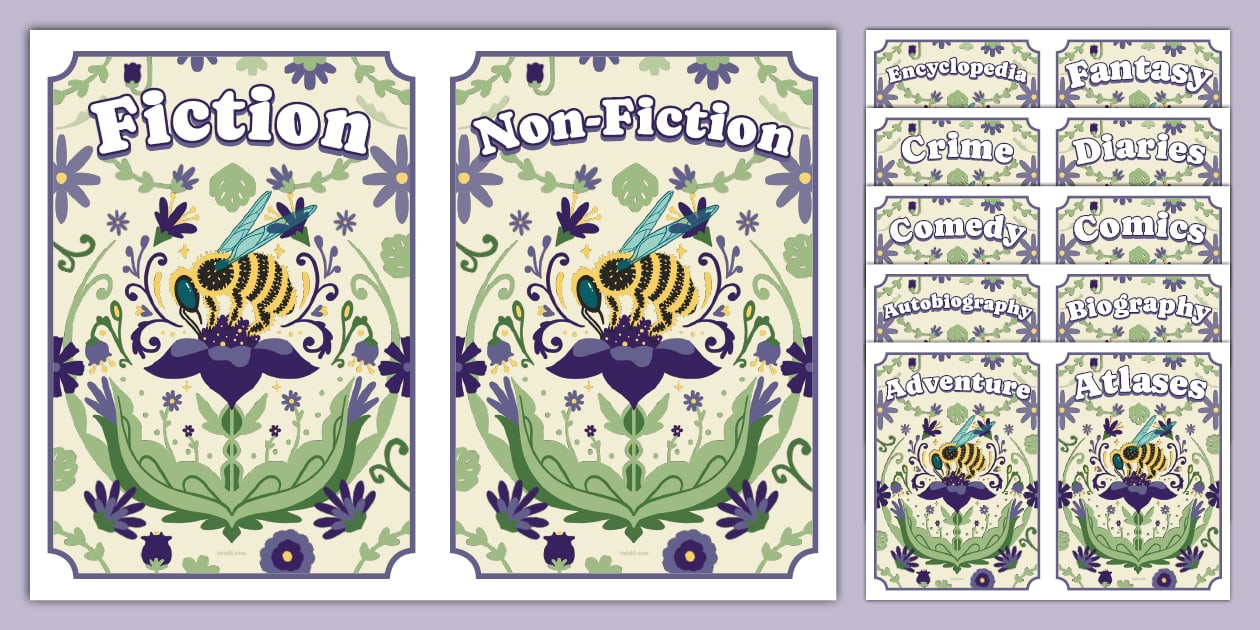 Purple Bee-Themed Book Genres Display Labels (teacher made)