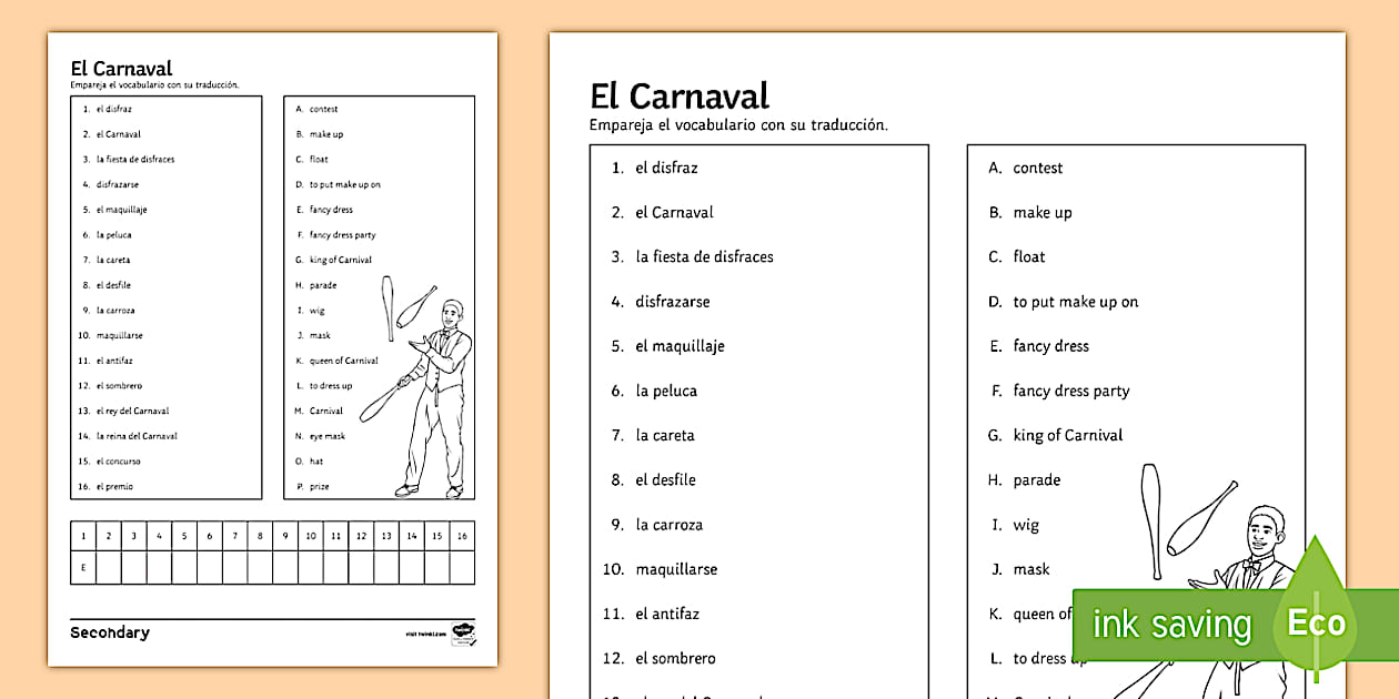 Carnival Matching Worksheet / Worksheet Spanish - Twinkl