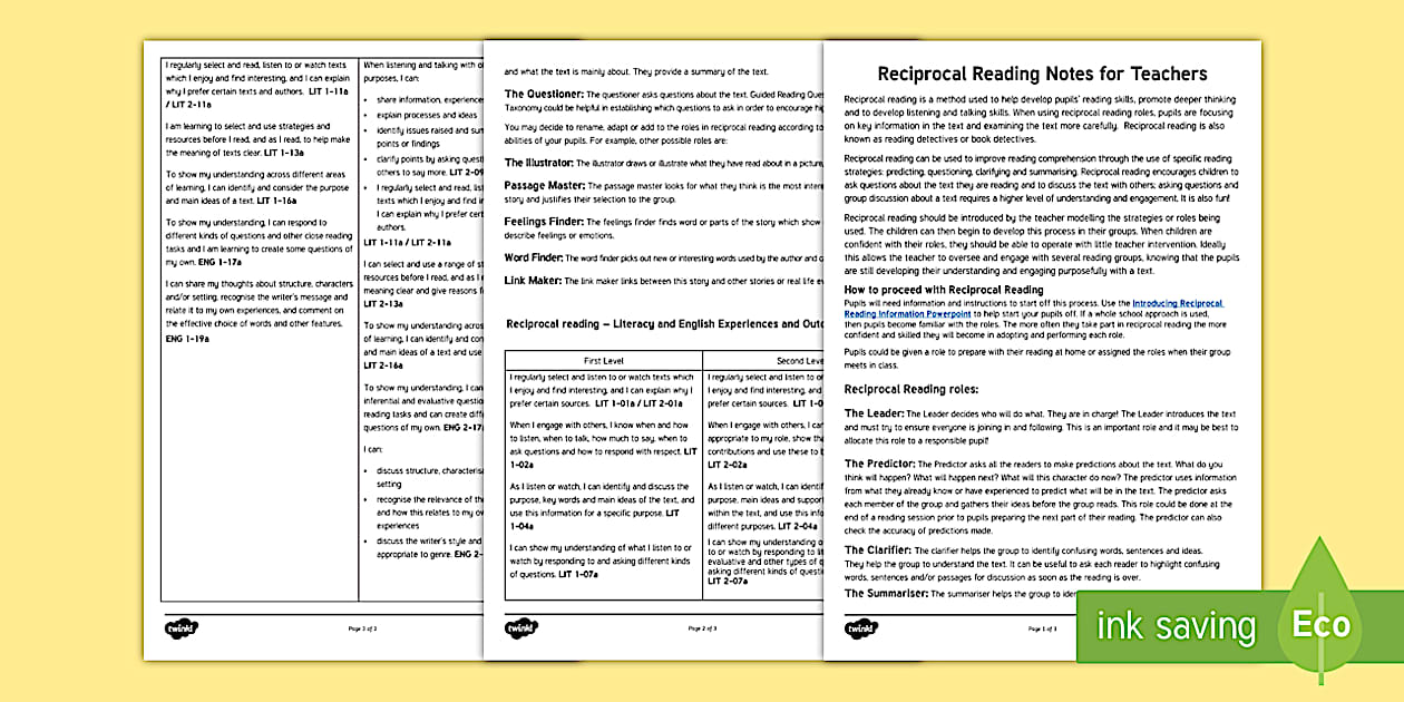 Reciprocal Reading Notes for Teachers - Twinkl