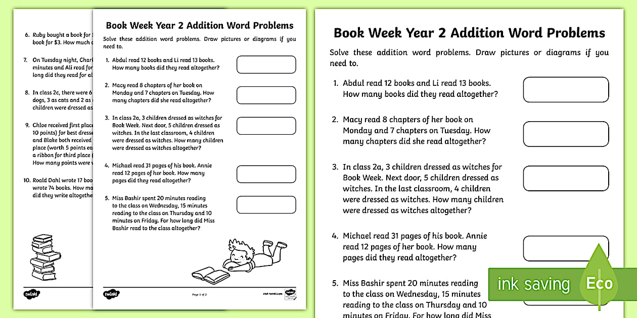 NSW Book Week Addition Word Problems Worksheet - Twinkl