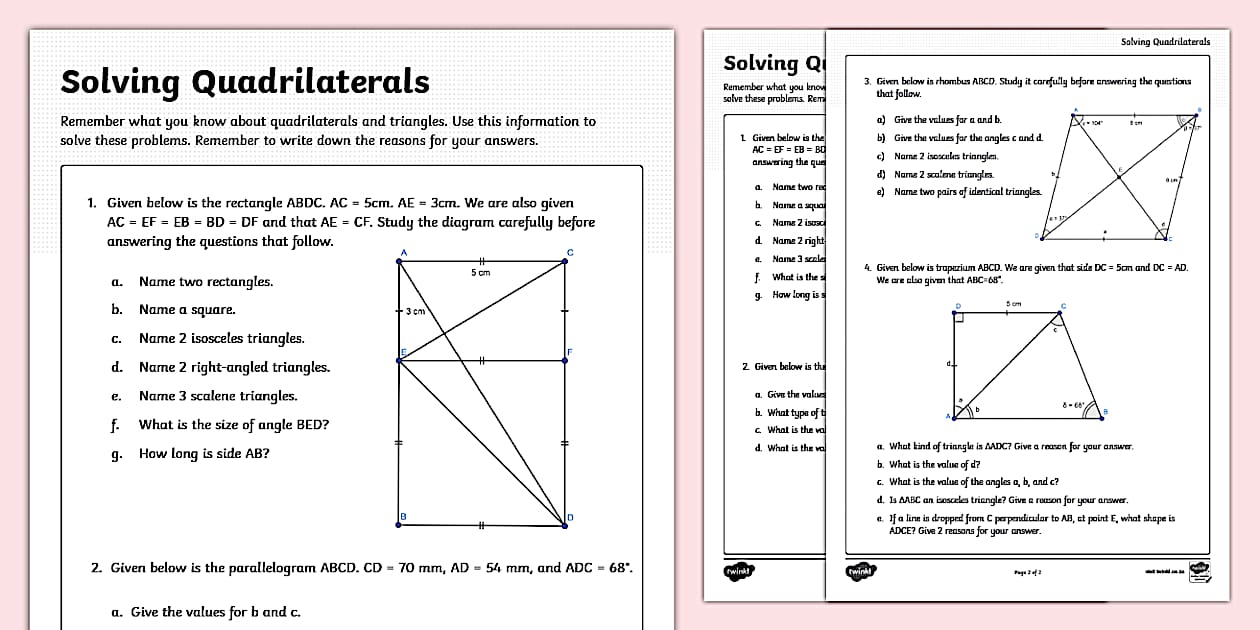 Solving Quadrilaterals Activity Sheet (teacher made)