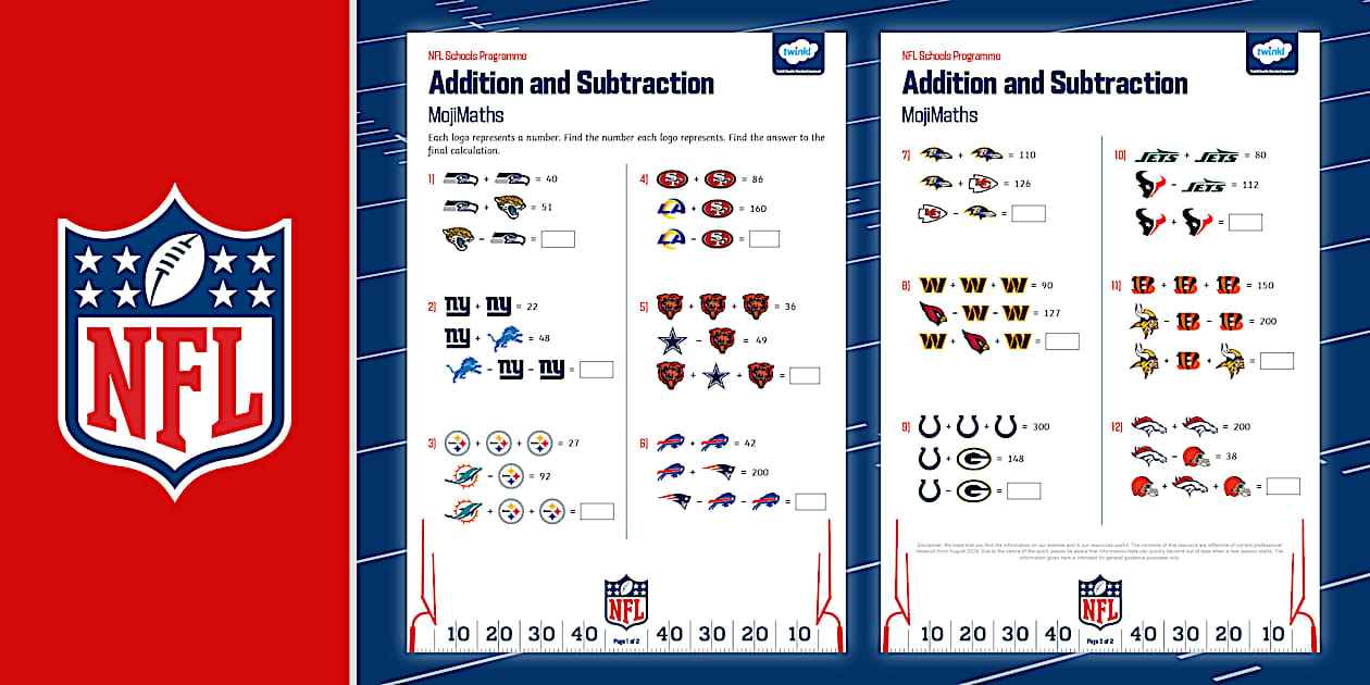 FREE! - 👉 NFL: Addition and Subtraction Mojimath Activity Sheet [Ages 7-9]