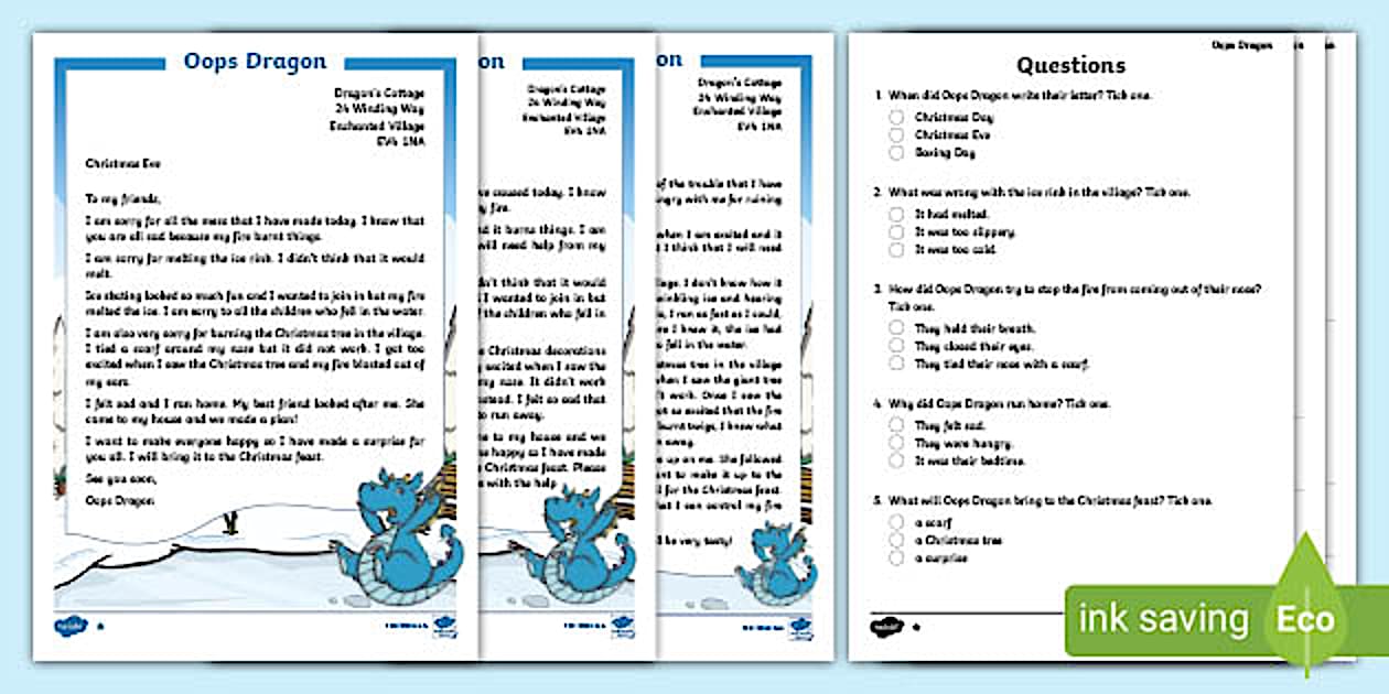 Editable Oops Dragon reading comprehension KS1 - Twinkl