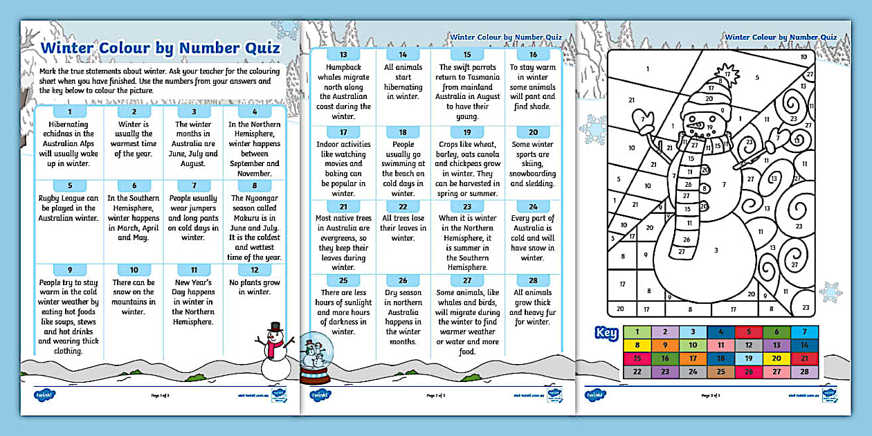 Winter Colour by Number Activity Sheets (teacher made)