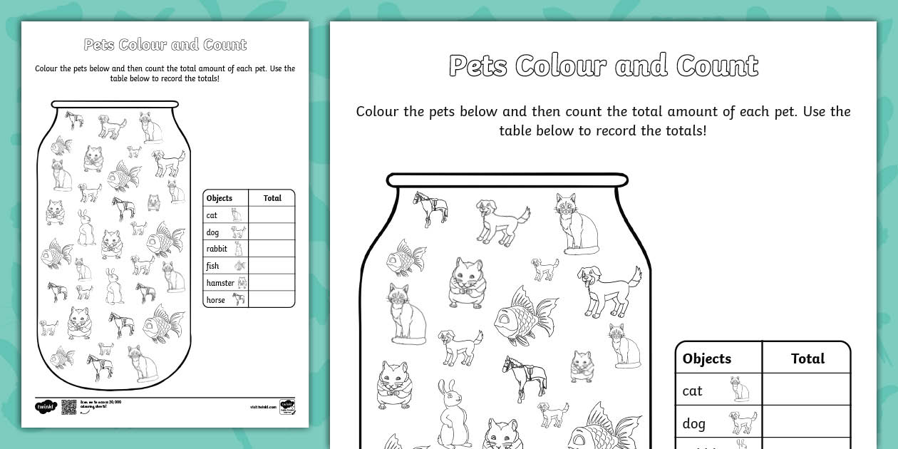 👉 Pets Colour and Count Worksheet (teacher made) - Twinkl