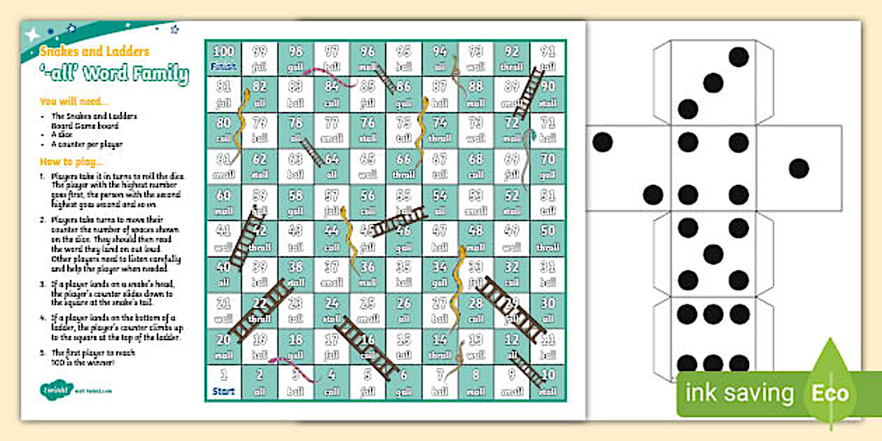 Snakes & Ladders Word Family '-all' Game (teacher made)