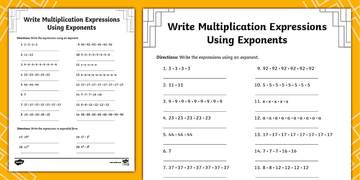 Sixth Grade Write Multiplication Expressions Using Exponents Worksheet