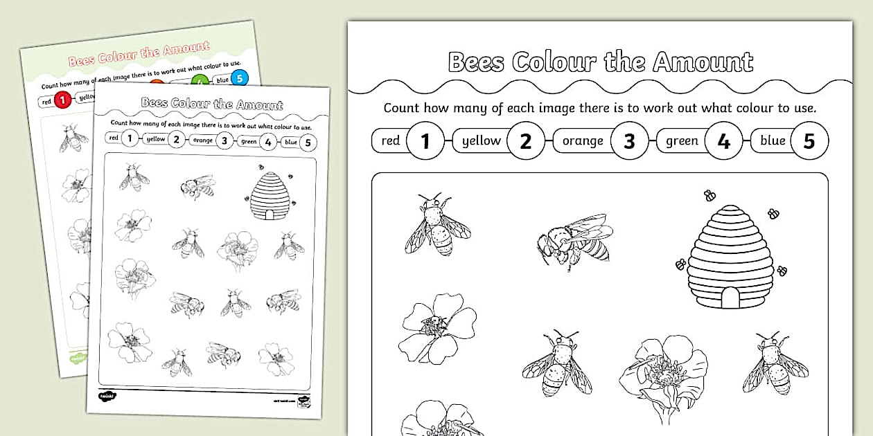 👉 Bees Colour the Amount Worksheet (teacher made)