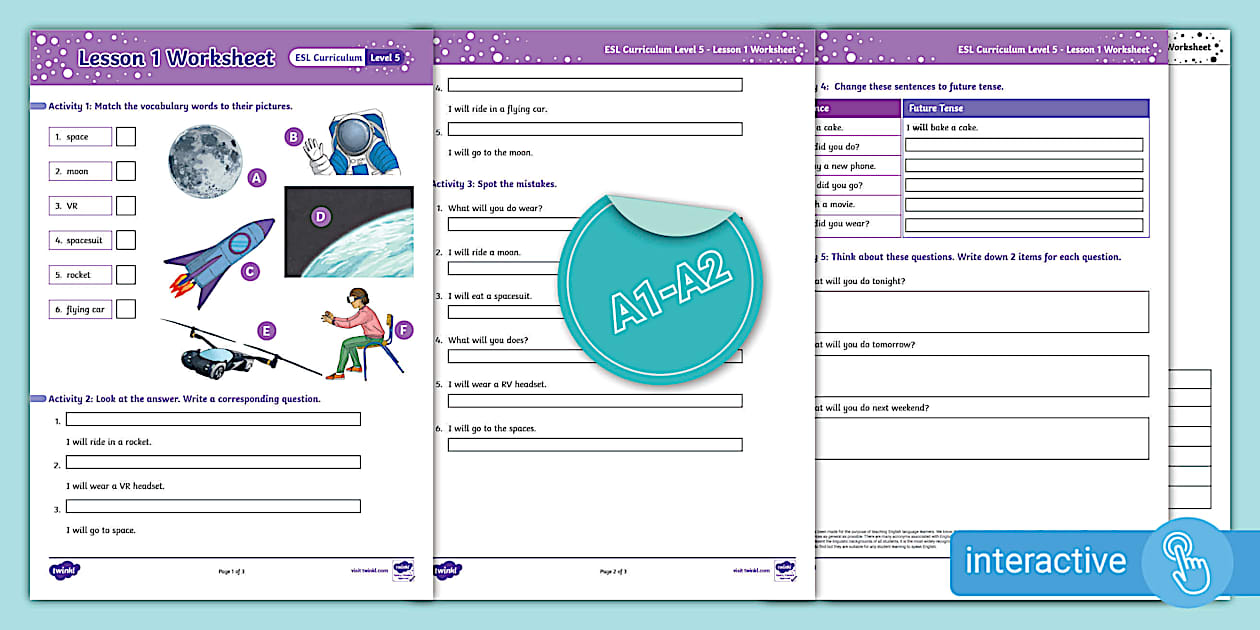 FREE! - ESL Curriculum Level 5, Lesson 1 Interactive Worksheet