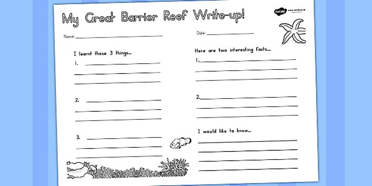 Great Barrier Reef Write Up Worksheet (teacher made)