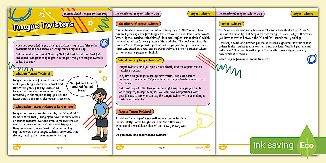 International Tongue Twister Day Reading Comprehension
