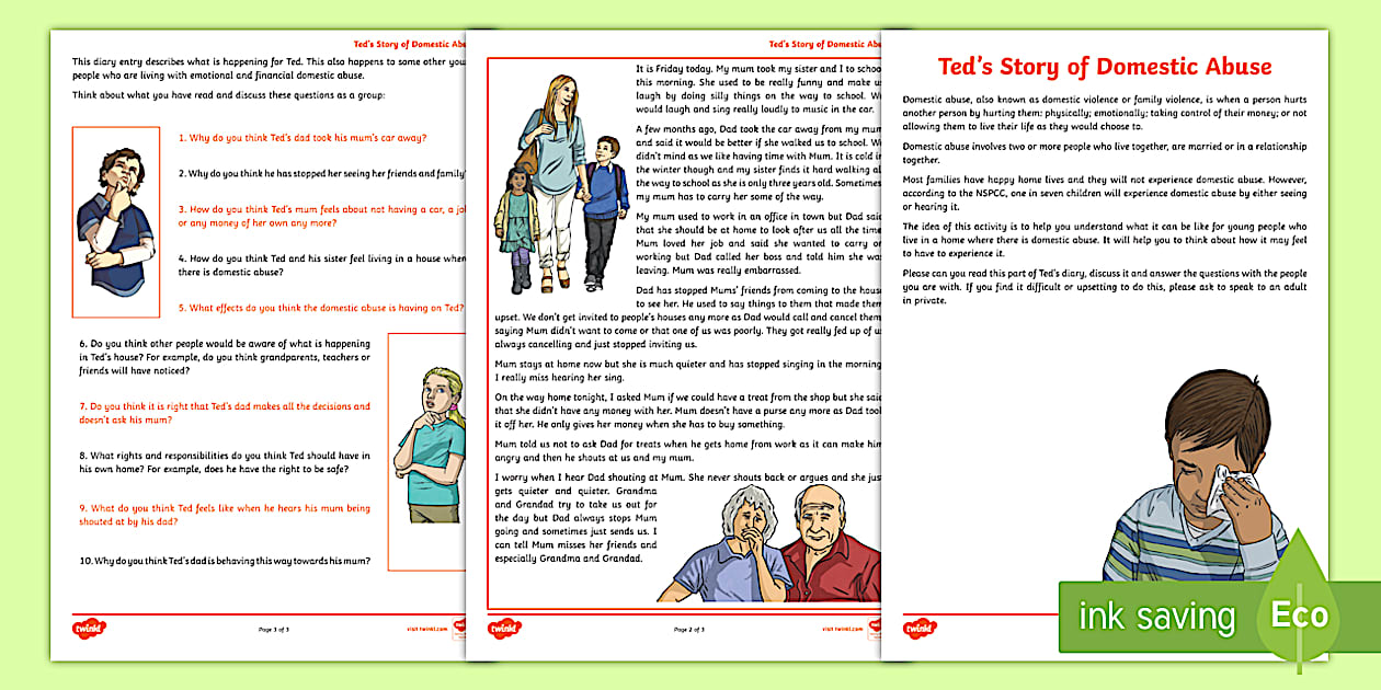 Teds' Story of Domestic Abuse Worksheet - Twinkl