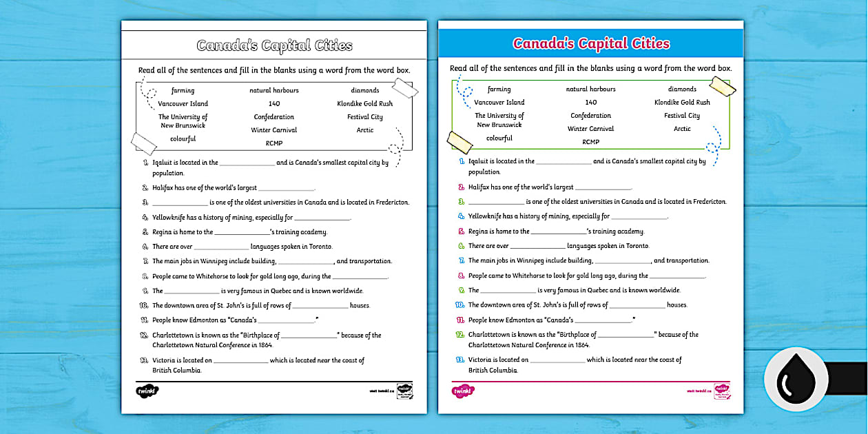 Canada's Capital Cities Cloze Activity (teacher made)