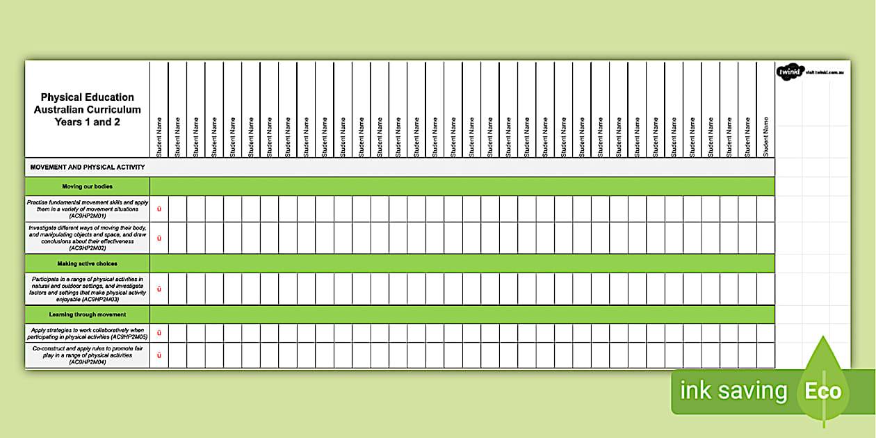 Physical Education Assessment Tracker Year Band 1-2 - Twinkl