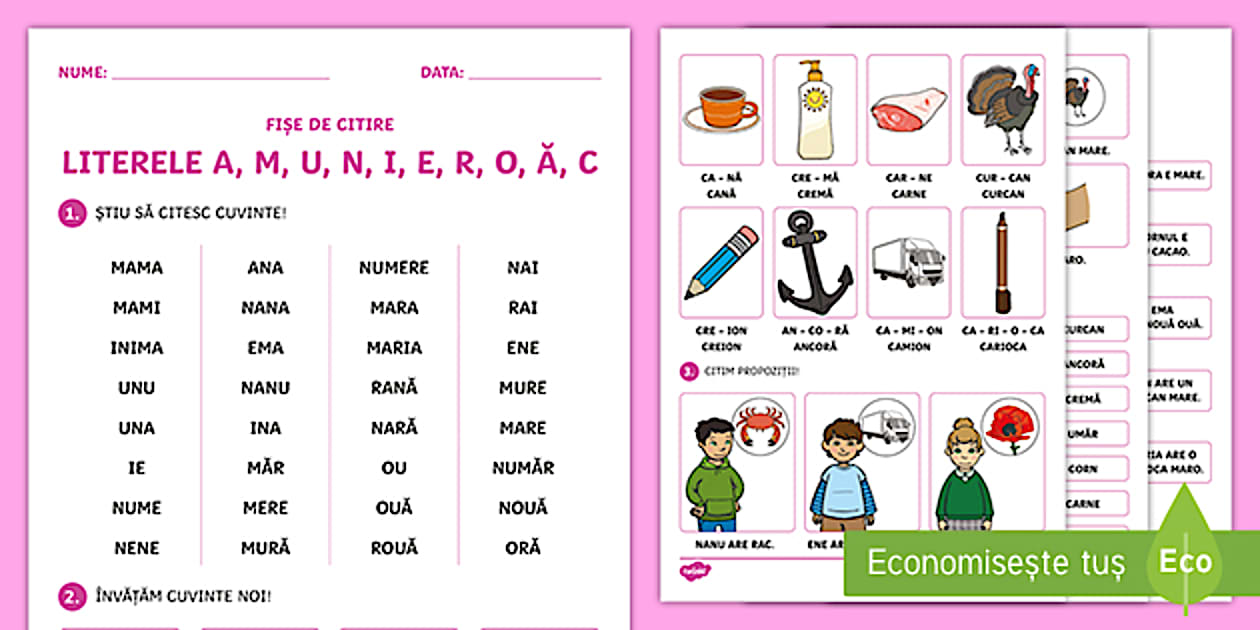 Fișă de citire (a, m, u, n, i, e, r, o, ă, c) - Twinkl