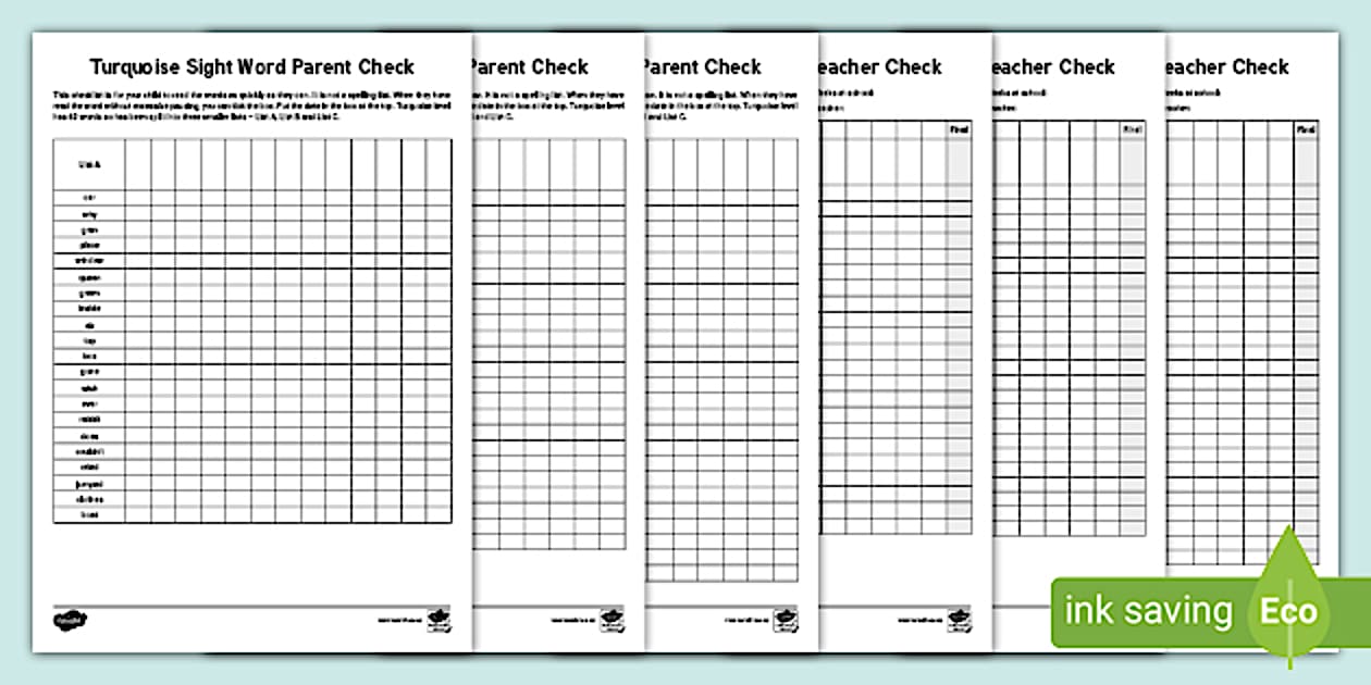 Turquoise Reading Sight Words Checklist (teacher made)