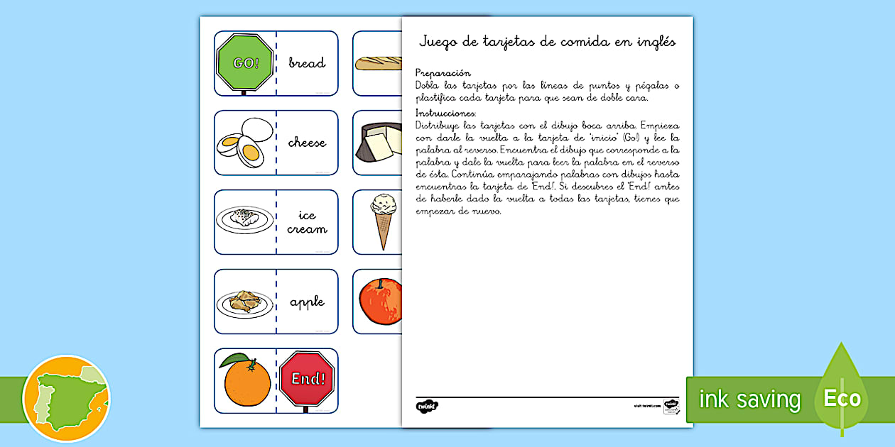 A1 Juego: Emparejar la comida en inglés (teacher made)