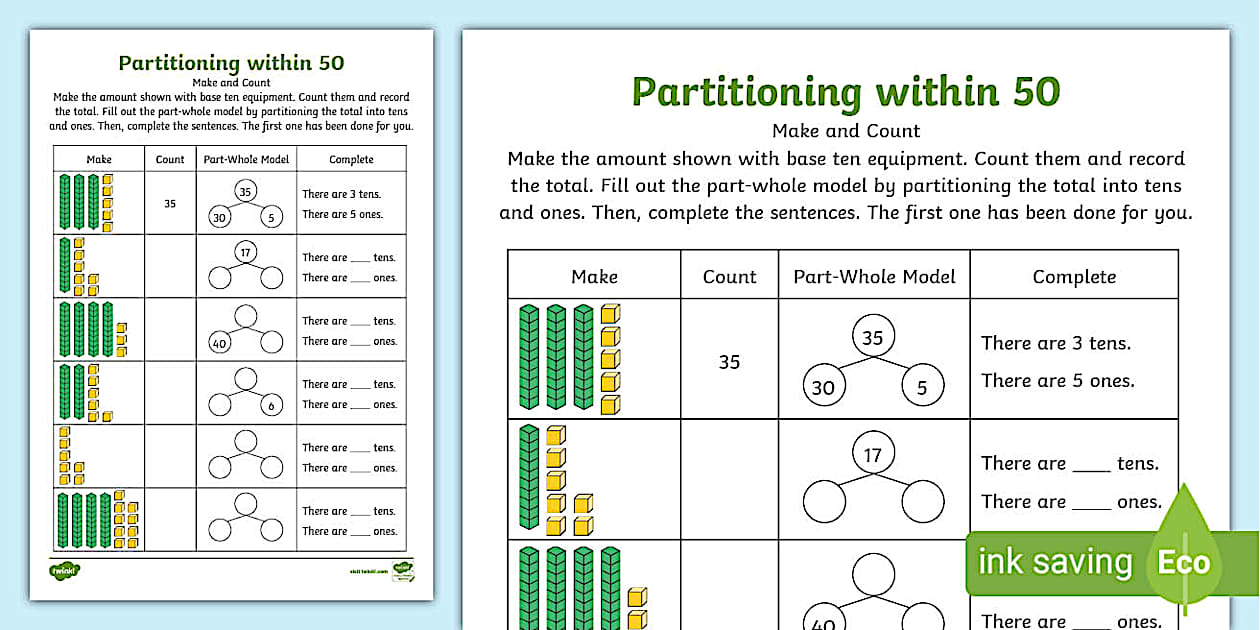 Editable Partitioning within 50 Activity Sheet - Twinkl