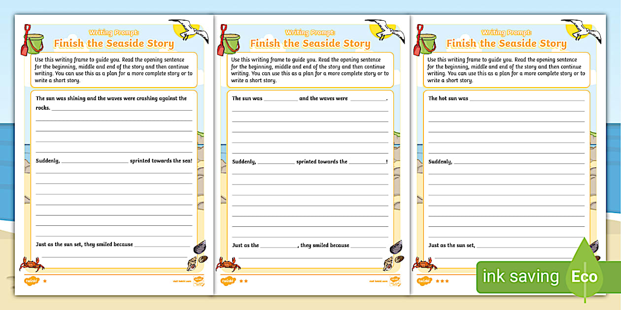 Writing Prompt: Finish the Seaside Story Worksheet - Twinkl