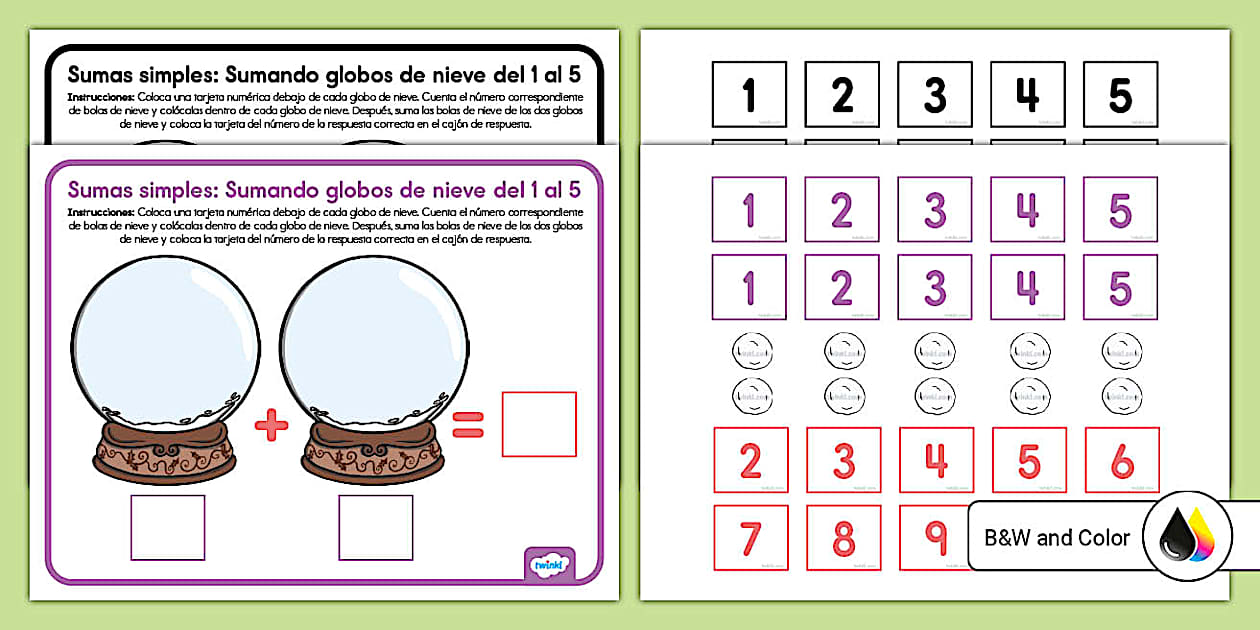 Sumas simples: Sumando globos de nieve del 1 al 5 - Twinkl