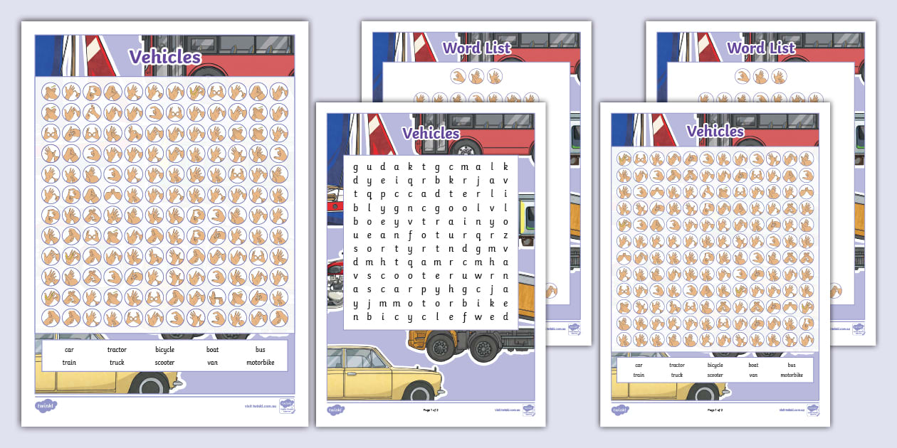 Auslan find-a-word Vehicles (teacher made) - Twinkl
