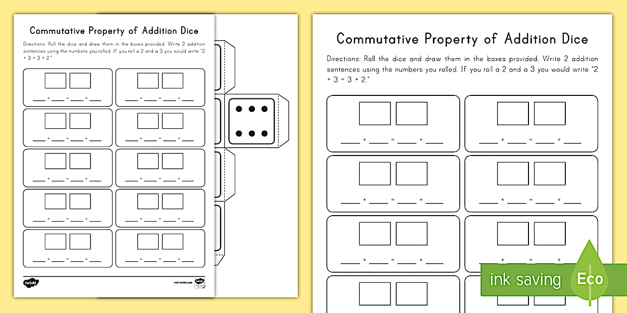 Commutative Property of Addition Dice Game for 1st-2nd Grade