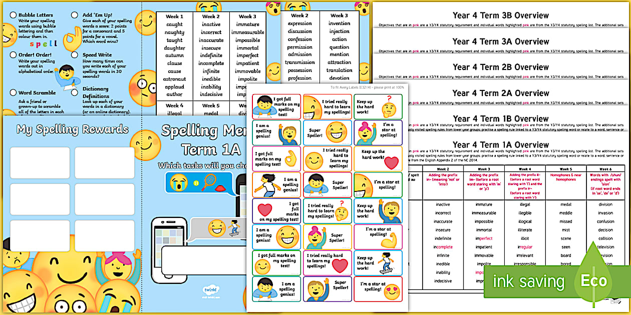 Editable Year 4 Emoji Themed Spelling Menu Pack - Twinkl