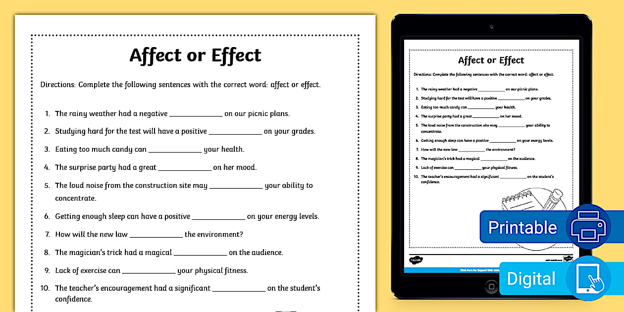 Affect or Effect Activity Sheet for 3rd-5th Grade - Twinkl