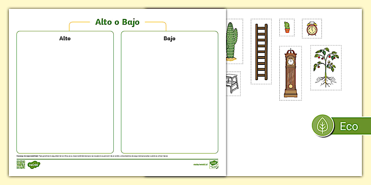 Hoja de actividades: Clasificación de alto o bajo - Twinkl
