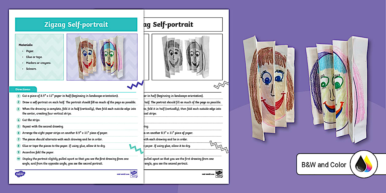 Zigzag Self-portrait Art Activity Worksheet (teacher made)