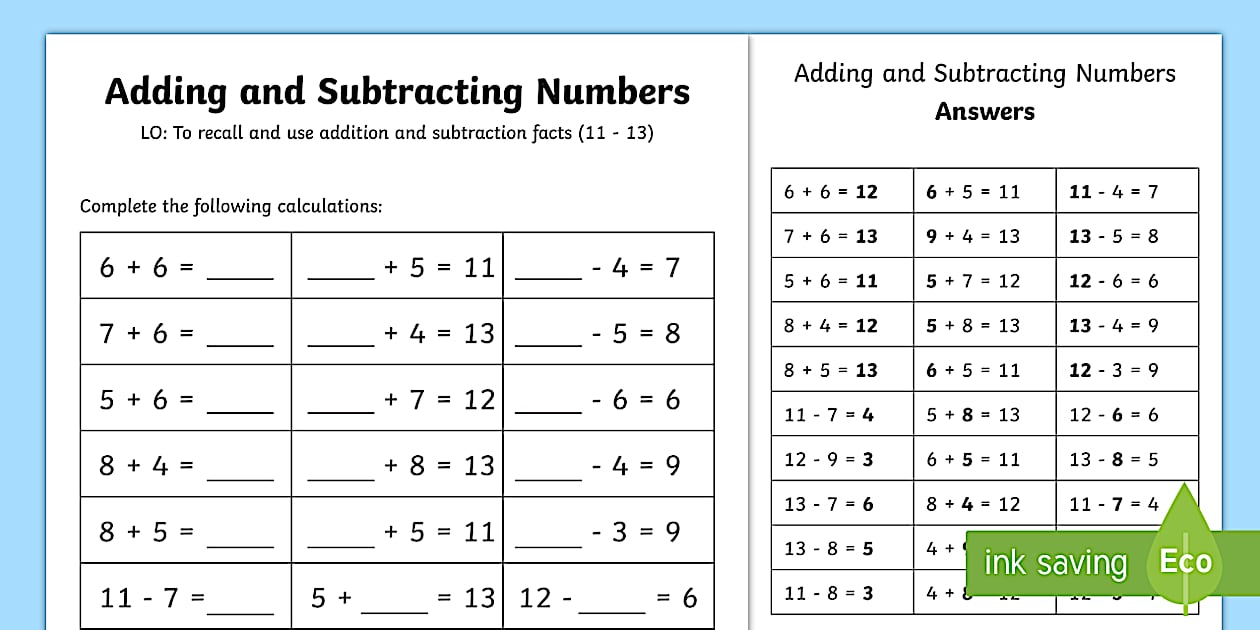 Number Facts Worksheet 11-13 One Digit - Twinkl