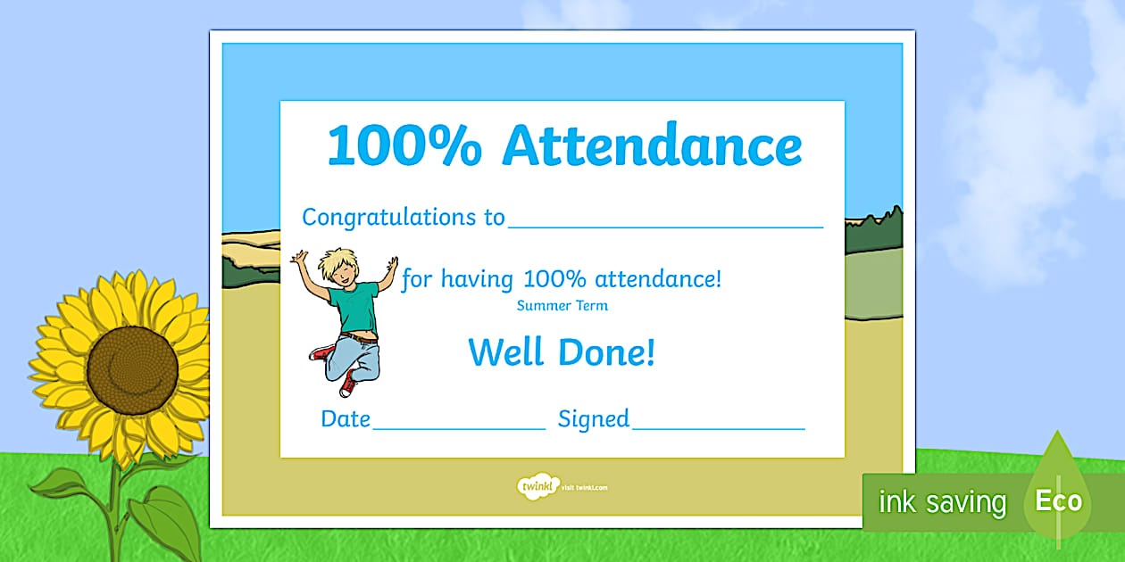 Summer Term Themed 100 Attendance Certificate - Twinkl