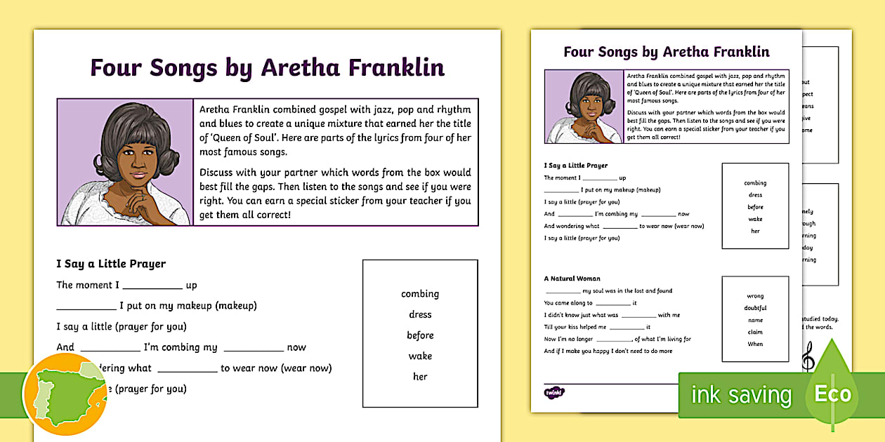 Aretha Franklin Gap Fill Worksheet (teacher made) - Twinkl