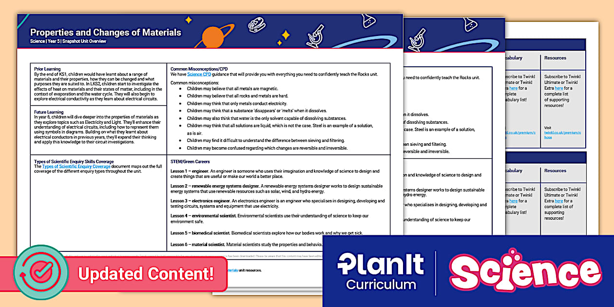 Properties and Changes of Materials: Y5 Snapshot Unit Overview