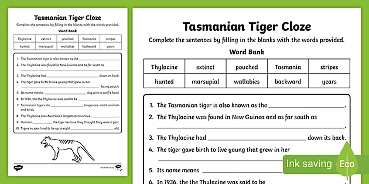 Tasmanian Tiger Cloze Worksheet