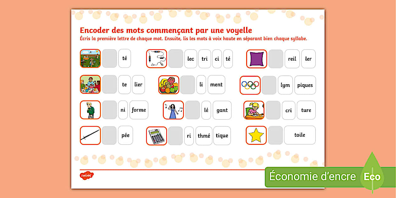 Encoder des mots commençant par une voyelle - Twinkl