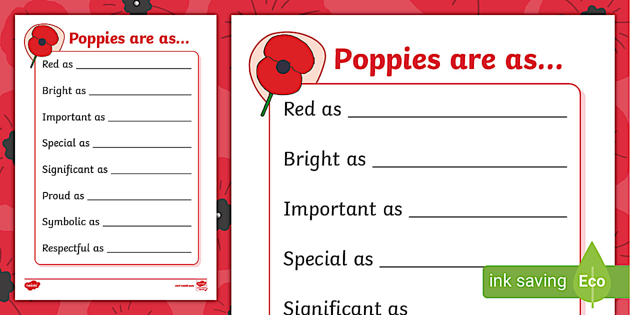 Remembrance Day Poppies Simile Poem Template (teacher made)