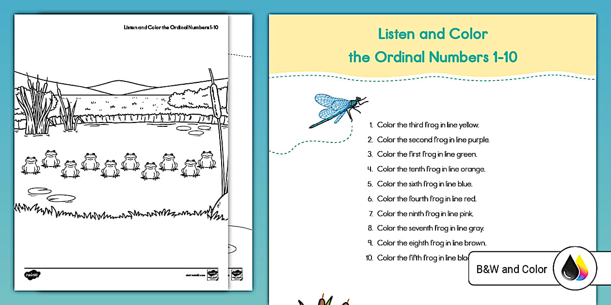 Listen and Color the Ordinal Numbers 1-10 Worksheet - Twinkl