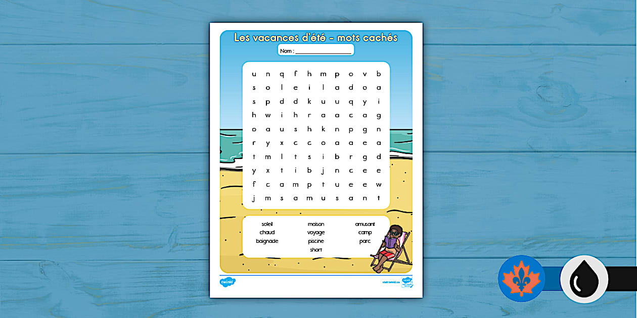 Summer Holidays Word Search Gr. 1 French (teacher made)
