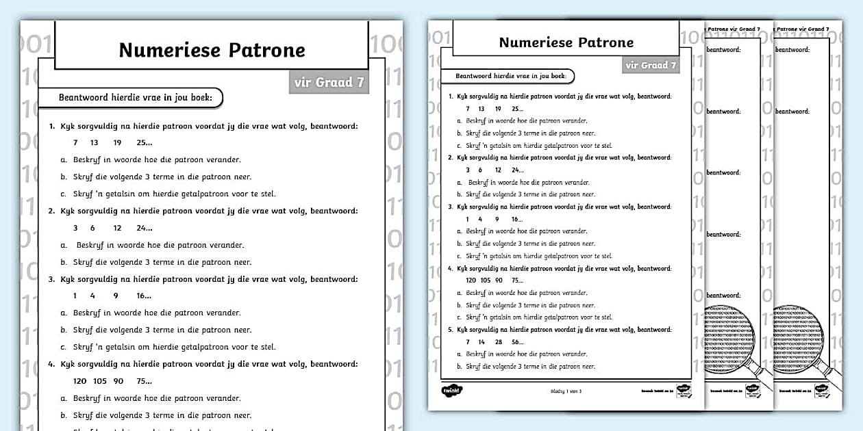Numeriese Patrone vir Graad 7 Aktiwiteitsblad - Twinkl