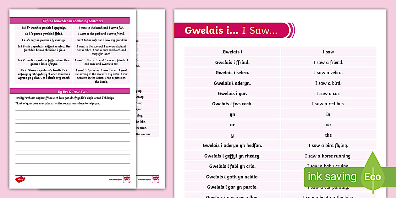Learn Welsh 11-14: Taflenni Weithgaredd Gwelais i / I Saw Activity Sheets