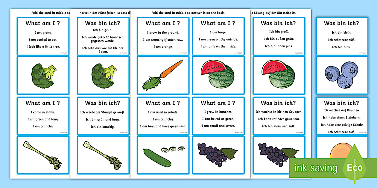 What Am I? Fruit and Vegetables Guessing Game Cards English/German