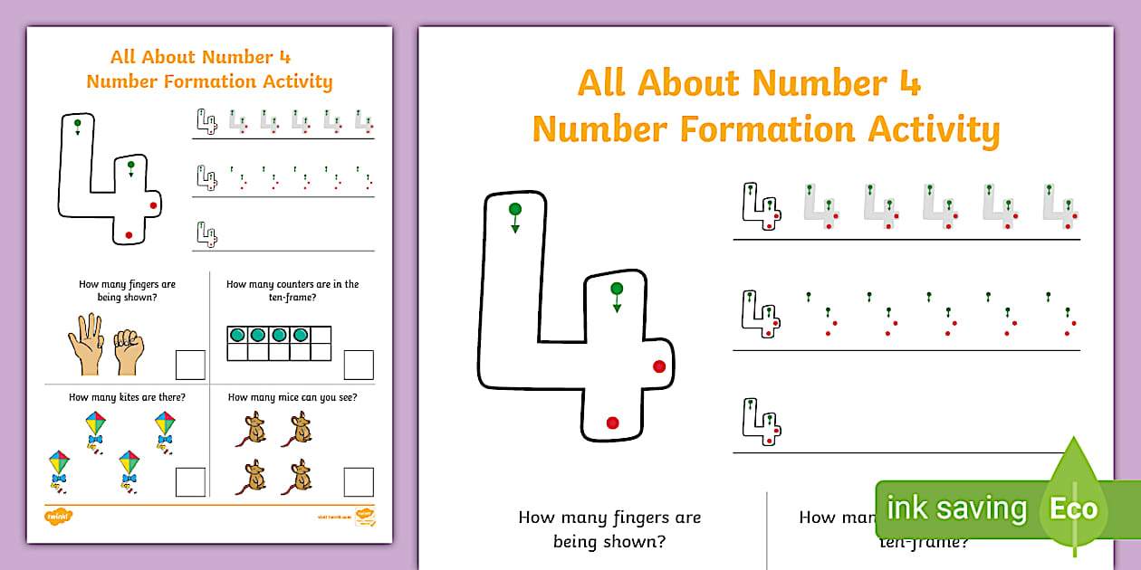All About Number 4 Number Formation Worksheet - Twinkl